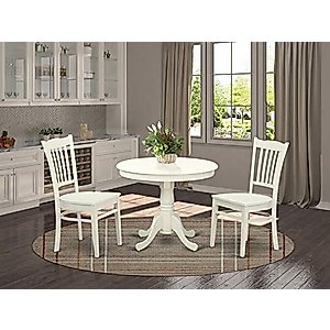 East West Furniture ANGR3-LWH-W 3 Piece Kitchen Table & Chairs Set Contains a Round Dining Room Table with Pedestal and 2 Solid Wood Seat Chairs, Linen White