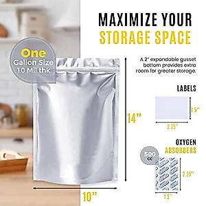 10 Mil Thick 25 pcs Mylar Bags 1 Gallon with Oxygen Absorbers 500CC, Resealable, Food Grade, Leak Proof, Air-Tight