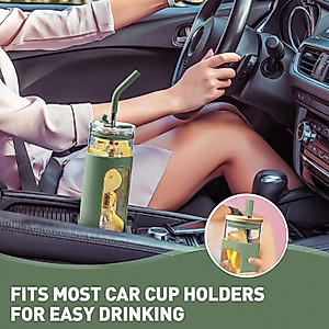 Kodrine 24oz glass tumbler with straw and lid,Iced coffee cup, Leak-proof Lid and Straw,Smoothie Cup With Bamboo Lid,Fit in Cup Holder, BPA Free, Dishwasher Safe (1, Olive)