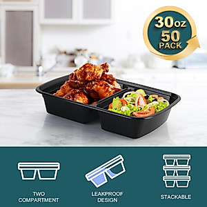 Meal Prep Containers 2 Compartment- 50Pack 30OZ Food Prep Containers With Lids, Disposable To Go Food Containers, Take Out, Stackable, Leakproof & Food Safe, Microwave, Freezer, Dishwasher Safe