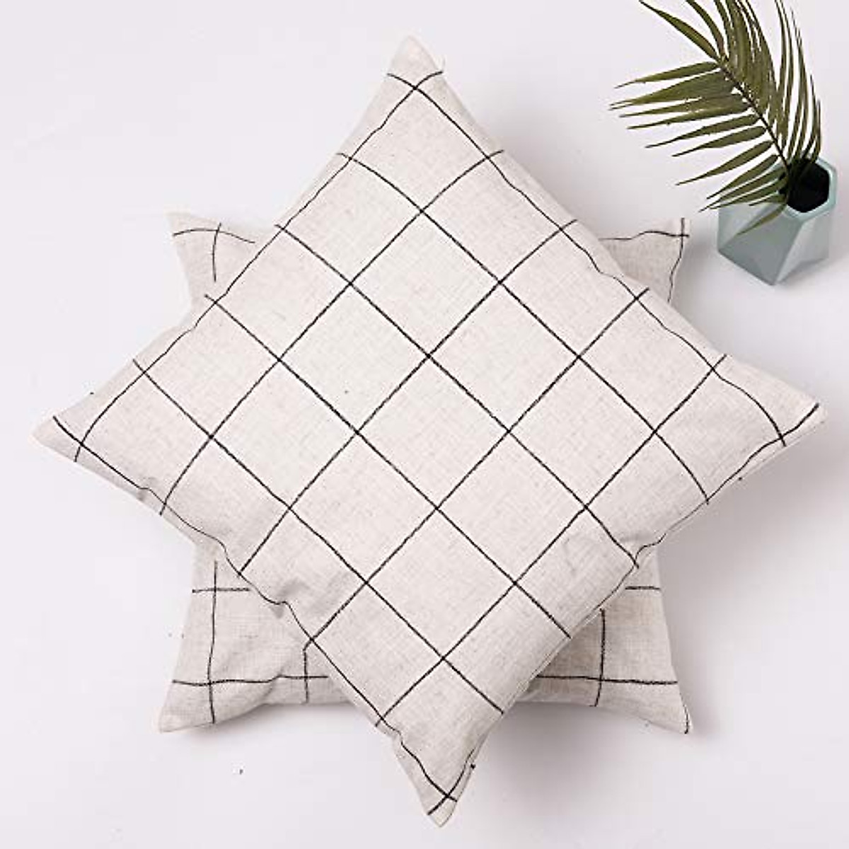 Basic Model Set of 2 Plaid Throw Pillow Covers Modern Farmhouse Decorative Square Linen Pillow Case for Sofa Couch Bed 20 x 20 Inch, Beige