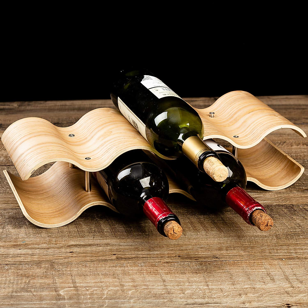 Asian Home 7 Bottle 2-Tier Wave Desktop Wine Rack Freestanding Countertop Bottle Holder for Wine Storage, Wood, Modern and Minimalist