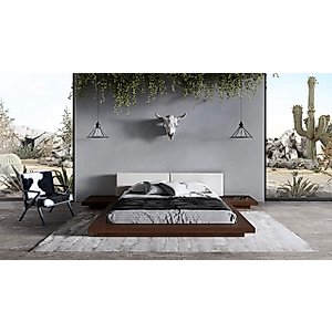 Limari Home Albina Collection Modern Style Bedroom Walnut Veneer Finished Leatherette Upholstered Platform Low Profile Bed, Eastern King, Brown, White