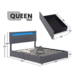 HOMFAMILIA Queen Bed Frame with Headboard and Drawers, LED Bed Frame with Adjustable Storage & LED Lights Headboard, Upholstered Platform Bed with 2 USB Ports, No Box Spring Needed, Dark Grey