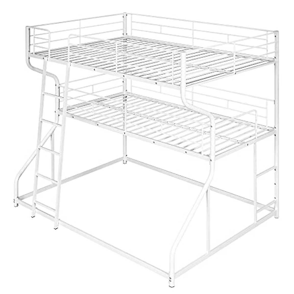 KoiHome Full Over Twin Over Queen Size Triple Bunk Bed with 2 Ladders, Metal Low Bed Frame with Full-Length Guardrail for Kids Teens Girls Boys Bedroom, Space-Saving, No Box Spring Needed, White