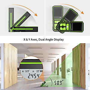 Huepar Laser Distance Measure Green Beam 328Ft, Digital Meter with Angle Sensor, LCD Backlit Display, Rechargeable Laser Measurement Tool M/in/Ft/Ft+in, Pythagorean/Area/Volume Measuring-S2-LM100