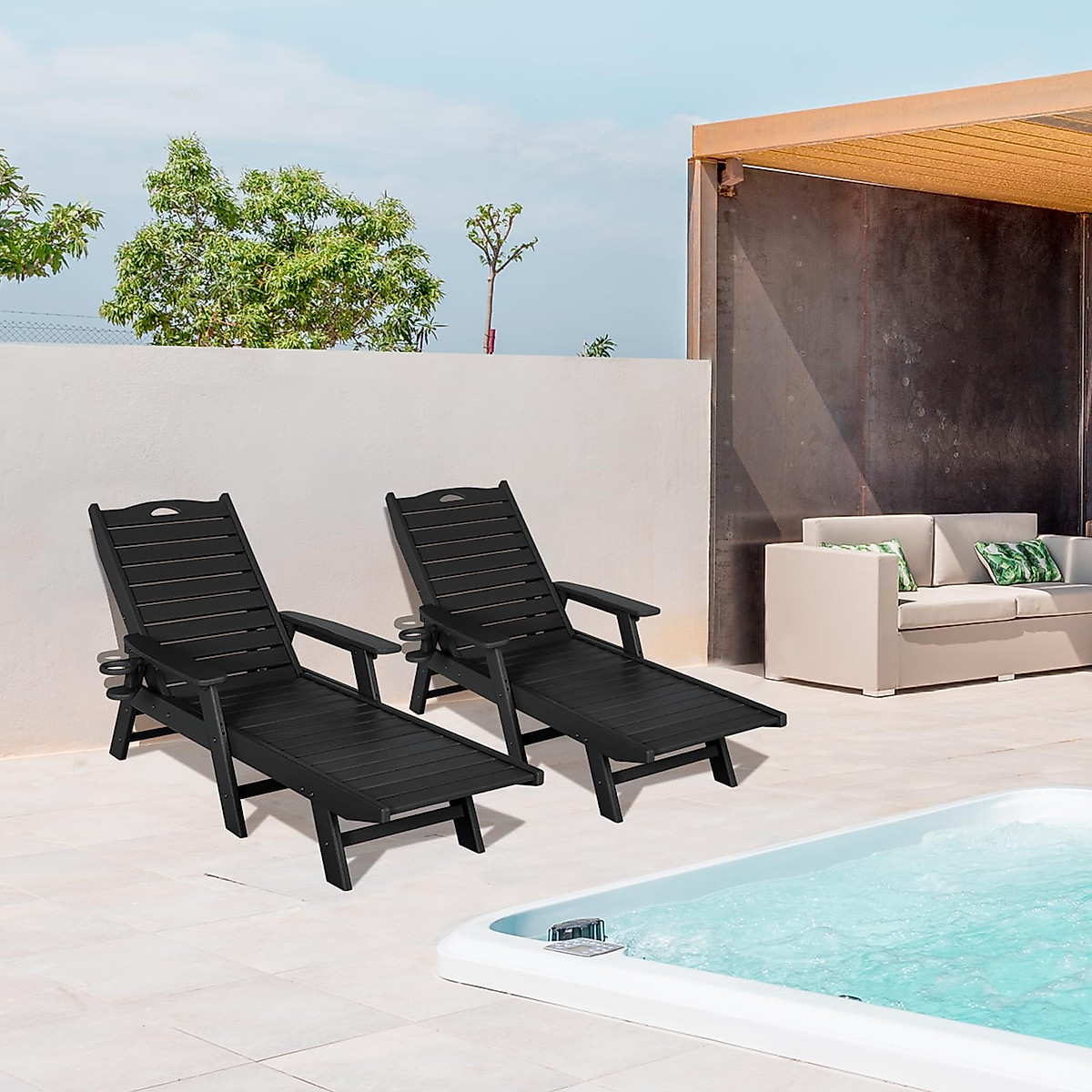 nalone Chaise Lounge Set of 2 Outdoor with 5-Position Adjustable Backrest, HDPE Lounge Chair for Outside Supports Up to 400 LBS, Pool Lounge Chairs for Patio Poolside Deck Beach Backyard (Black)