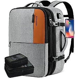 POWAITER Travel Backpack for Women Men, Carry On Backpack Flight Approved Fits 17 Inch Laptop with 4 Packing Cubes for Travel & Business Trip-Gray
