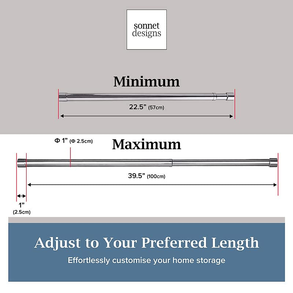 Sonnet Designs Adjustable Closet Rod - Closet Rods for Hanging Clothes, Wardrobe, Shower Pole, Kitchen, Windows, Rustproof Stainless Steel - 22.5 to 39.5” Closet Hanging Rod