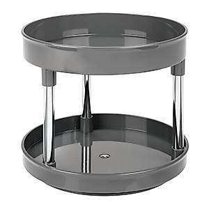 mDesign 2 Tier Lazy Susan Turntable Food Storage Container for Cabinets, Pantry, Fridge, Countertops - Raised Edge, Spinning Organizer for Spices, Condiments - 9" Round - Charcoal Gray/Chrome