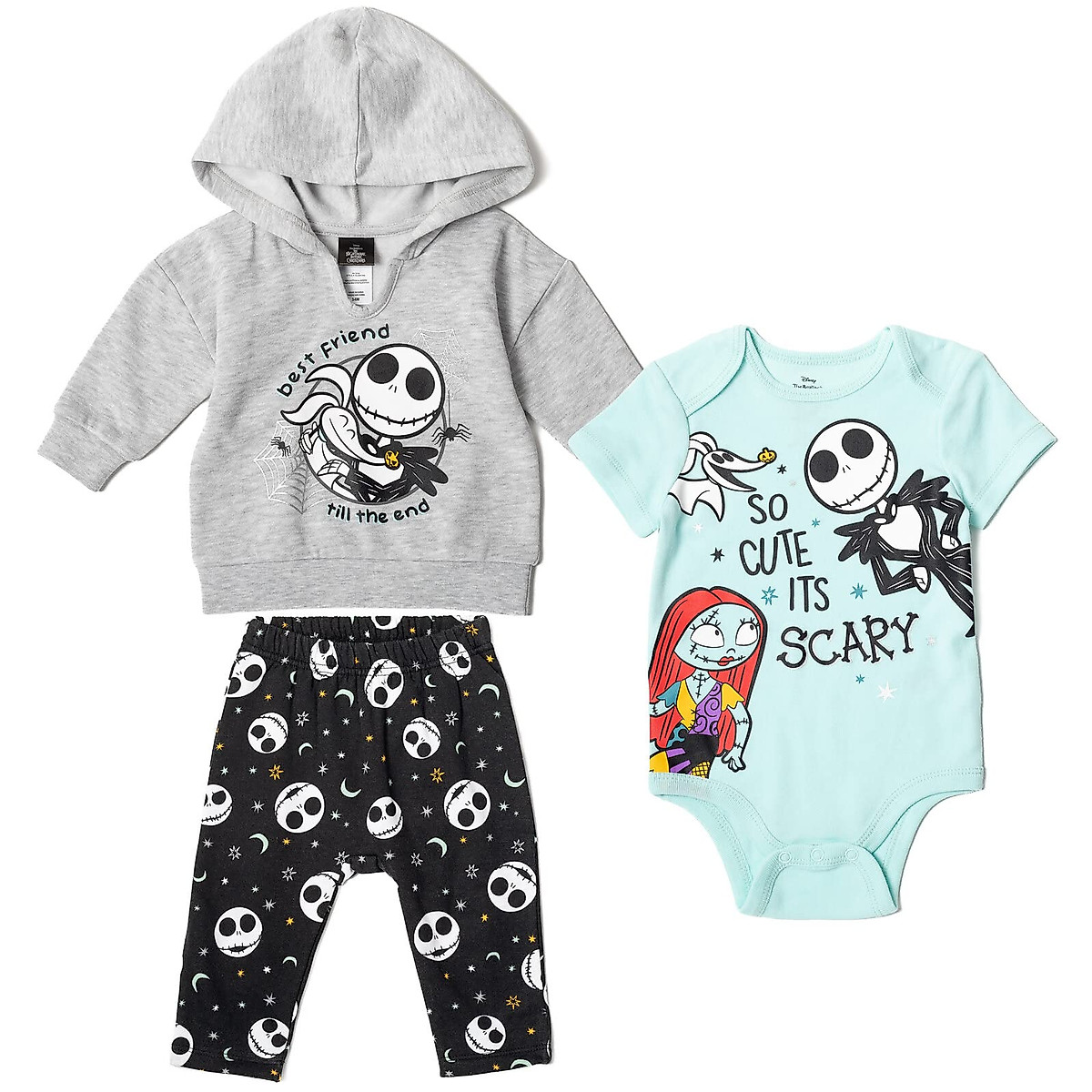 Disney Nightmare Before Christmas Infant Baby Boys or Girls Fleece Hoodie Bodysuit and Pants 3 Piece Outfit Set 18 Months