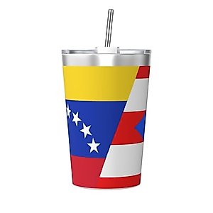 12oz Tumbler Half Venezuela Half Puerto Rico Flag Stainless Steel Cup With Straw And Lid Spill Proof Bulk Double Wall Vacuum Reusable Water Tumblers For Cold Hot Drink