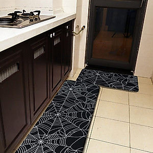 YouTary Halloween Spider Black and White Spiderweb Pattern Kitchen Rug Set 2 PCS Floor Mats Washable Non-Slip Soft Flannel Runner Rug Doormat Carpet for Floor Home Bathroom, 17" x 47"+17" x 24"-M