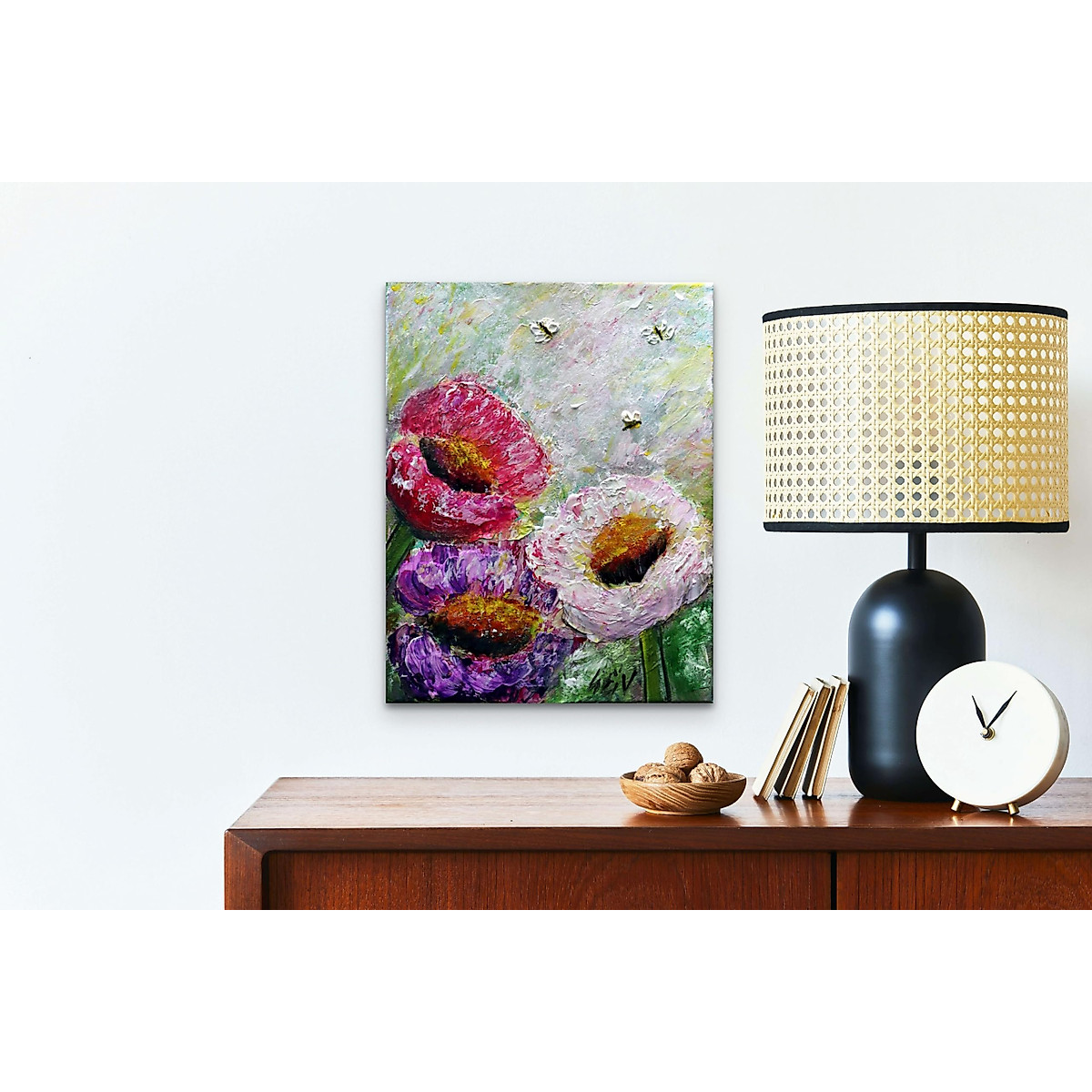 Bees and Flowers, Boho Whimsy Colorful Botanical Floral Oil Painting, BEE FARM