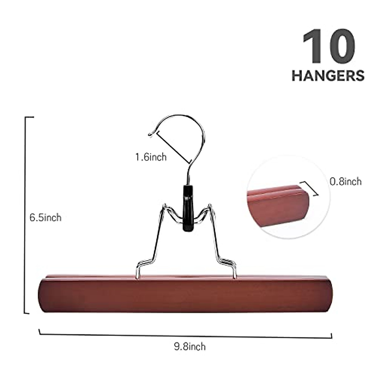 Nature Smile Wooden Pants Skirt Hangers, Smooth Finish Solid Wood Non Slip Jeans Slack Clamp Hangers Hair Extension Hangers (10 Pack Cherry)