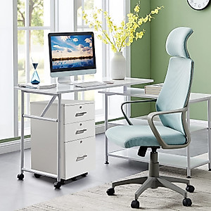 Bonnlo 26" H 3 Drawer File Cabinet with Lock, Rolling File Cabinet Under Desk, Mobile File Cabinets for Home Office, Wood White File Cabinet Printer Stand for Letter Size Hanging/Manila File Folders
