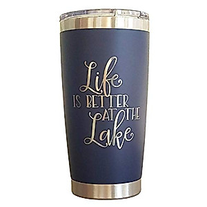 Life is Better at the Lake Coffee Mug Tumbler, Lake House Gifts, 20oz Stainless Steel, RV Travel Mug - Navy
