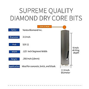 ALSKAR DIAMOND APDB 2-1/2 inch Dry Drill Core Bits with Diamond Aligned Segment for Brick Concrete Masonry 5/8"-11 Threaded (2-1/2")