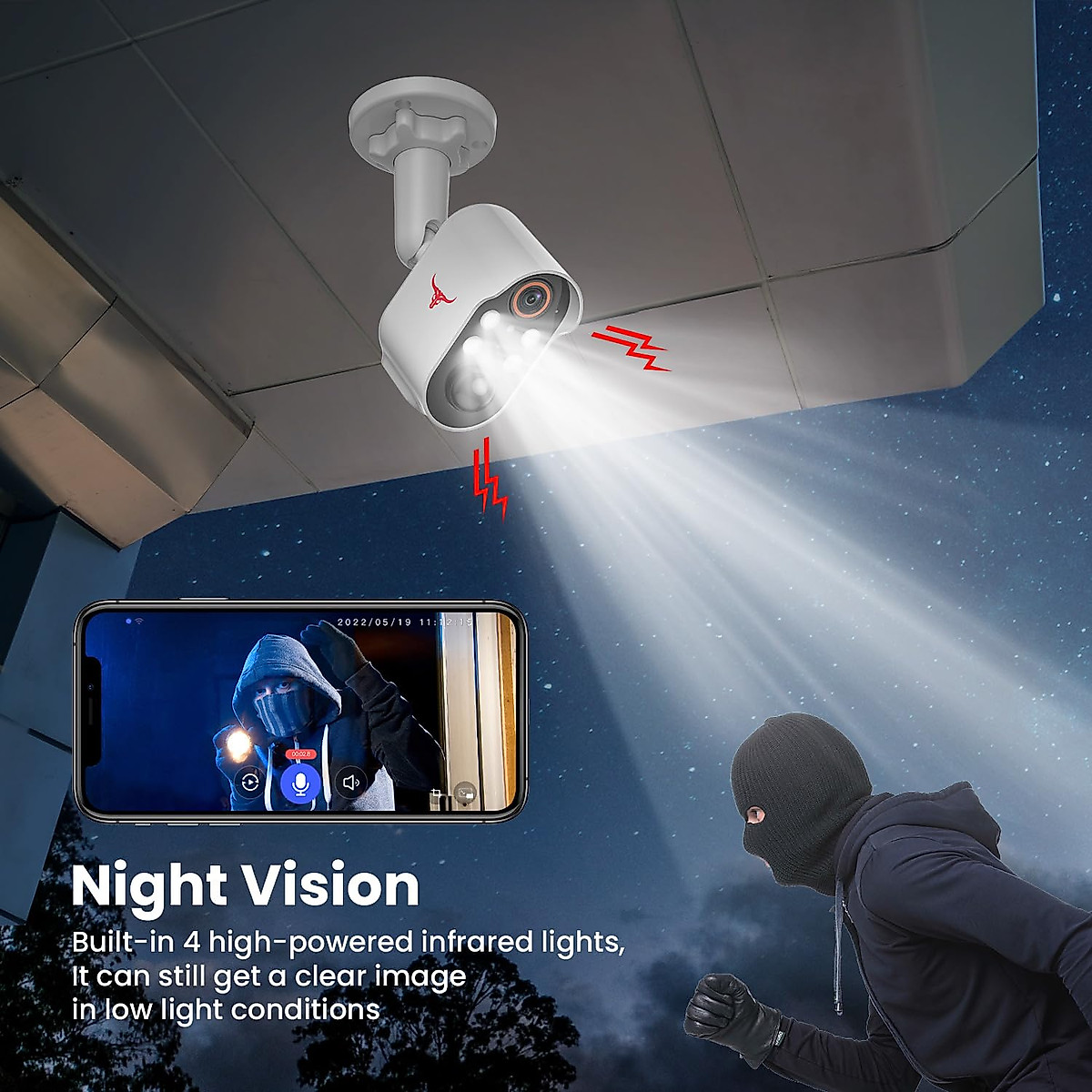 SJCODE 1080P Security Camera Wireless Outdoor with Solar Panel for Home Security, Color Night Vision, PIR Motion Detection, Cloud Storage, 4 Spotlights, 2-Way Audio, Bullet Surveillance Cam