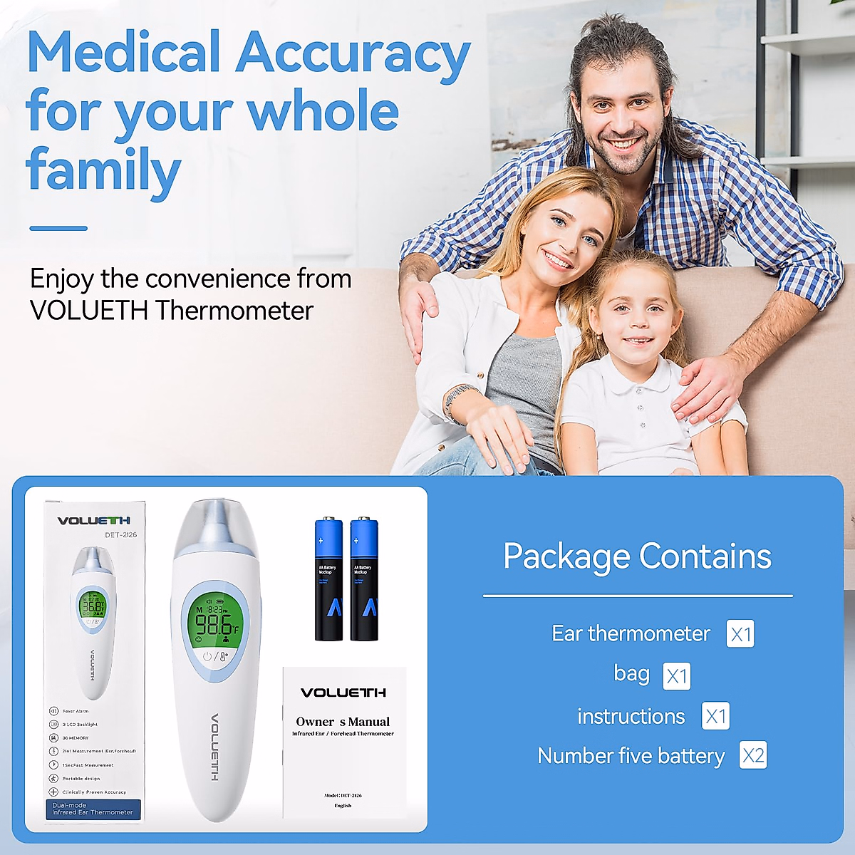 VOLUETH 3-in-1 Baby Thermometer for Ear, Forehead & Touchless, HSA FSA Eligible Items, Digital Thermometer for Infants, Kids & Adults, 30 Memories, 1s Result and Fever Alarm