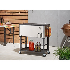 TRINITY Stainless Steel Beverage Cooler and Ice Chest with Wheels and Built-in Bottle Opener, Rolling Cart with Shelf for Patio, Outdoor Bar, and Catering, Detachable Tub, 80 Quart Capacity