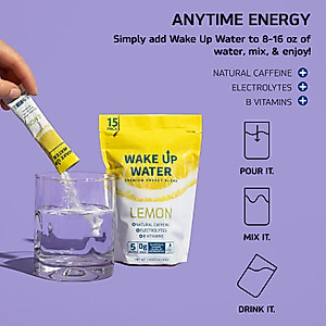 Wake Up Water - Energy + Hydration Sugar Free 15 Packet, Lemon Flavor - Energy Drink Powder, Electrolytes Powder Drink, Natural Caffeine Mix Packet, B Vitamins, 5 Calories, Gluten Free - .10 oz (2.9g)