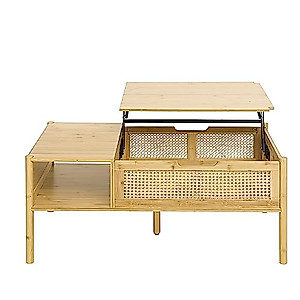 Modern Natural Bamboo and Rattan Table, Lift Coffee Table. Adjustable Storage Rack Living Room