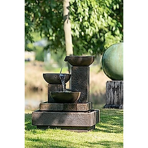 A&B Home Large 3-Tiered Cascading Bowls Water Fountain, Outdoor Floor Modern Concrete Fountain for Garden Patio Lawn Yard Porch Deck, 27.5" L x 27.5" W x 35.5" H, Gray Zen Waterfall Fountain
