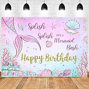 Wollmix Mermaid Happy Birthday Backdrop Decoration Banner 10x7ft Girls Under The Sea Fish Tail Princess Photography Background Party Cake Table Photo Booth Studio Props Supplies