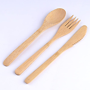 ccHuDE 6 Pcs Bamboo Travel Cutlery Knife Fork Spoon Chopsticks Straw Brush Set Bamboo Utensils Camping Flatware Set