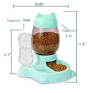 Dog Food Feeder & Water Dispenser 2 in 1 Automatic Cat Feeder,Cat Food Dispenser,Automatic Cat feeders 2.2L Food and 580ML Waterer, Pet Food Water Dish for Cat,Dogs,Puppy, Rabbit Pets (Green)
