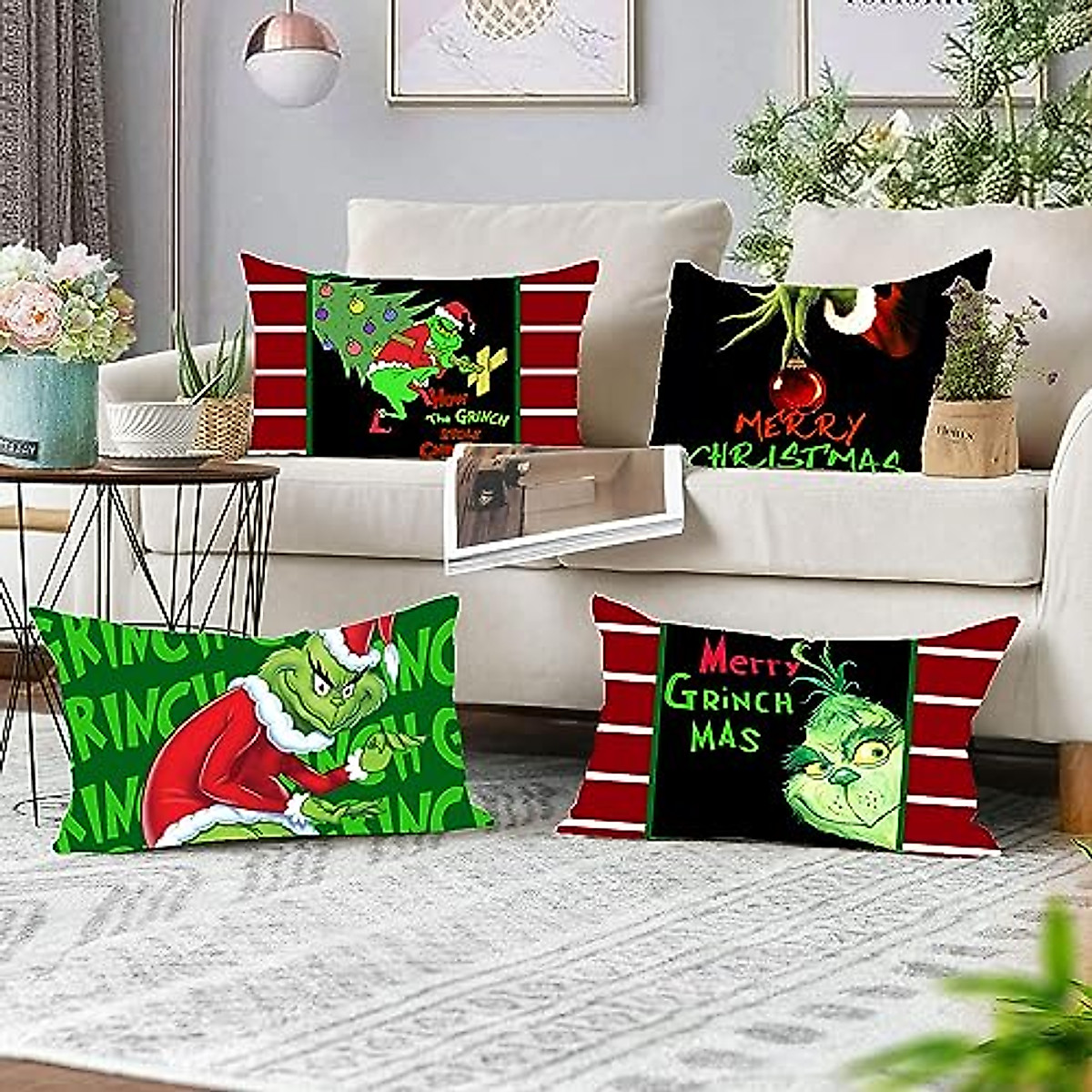 Christmas Pillow Covers 12x20 inch Set of 4 for Christmas Decorations Winter Xmas Farmhouse Pillow case, Merry Grinchmas Throw Pillow Covers Cotton Linen Pillow Case Grinch Holiday Decor for Home