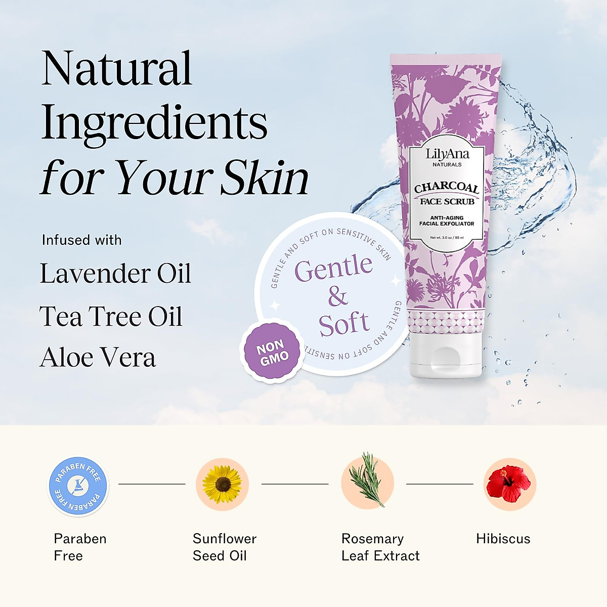 LilyAna Naturals Charcoal Face Scrub - Facial Exfoliator - Microdermabrasion Scrub - Facial Skin Care Products for Women and Men - Lavender and Tea Tree Oil - 3oz