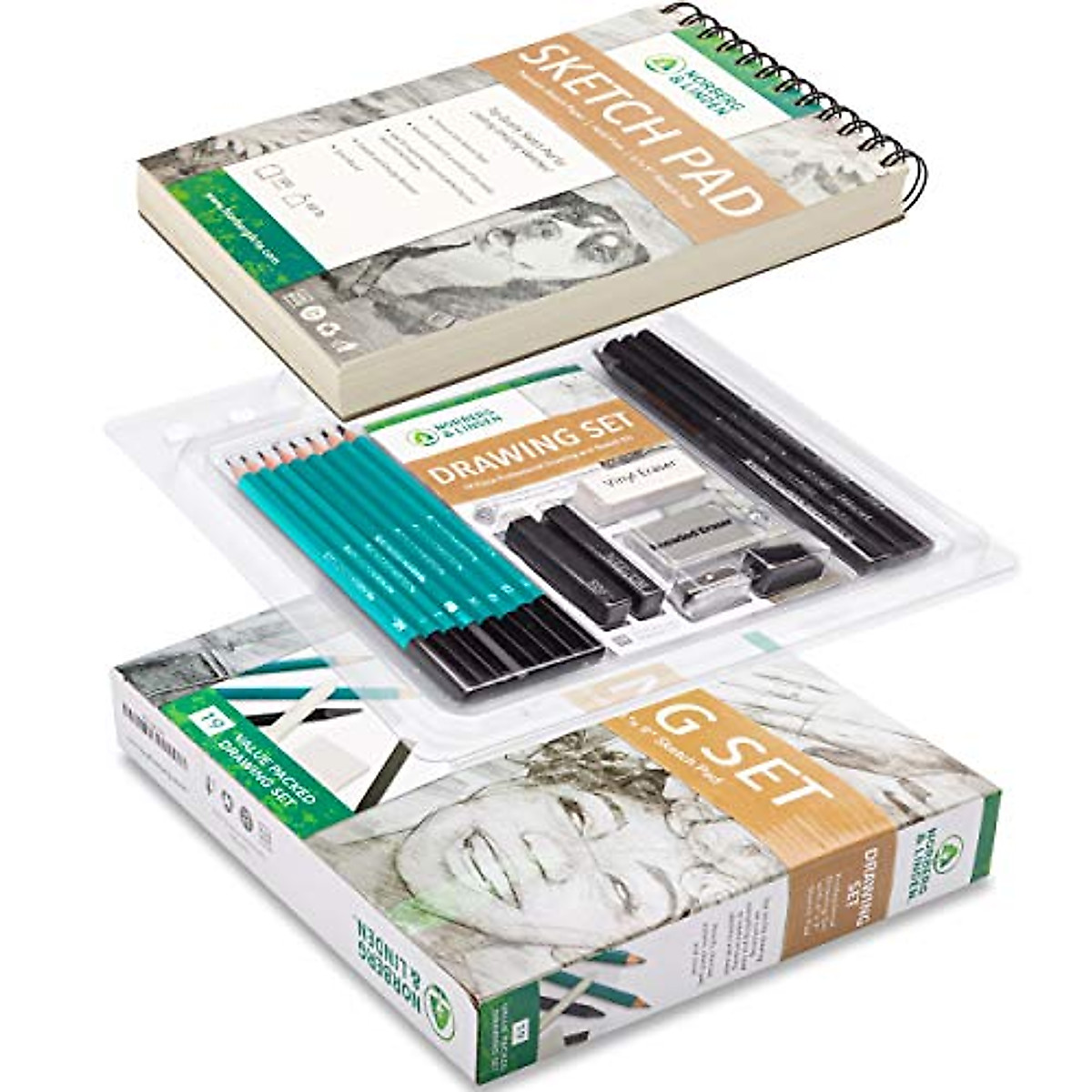 Norberg & Linden Drawing Set - Sketching and Charcoal Pencils - 100 Page Drawing Pad, Kneaded Eraser. Art Kit and Supplies for Kids, Teens and Adults