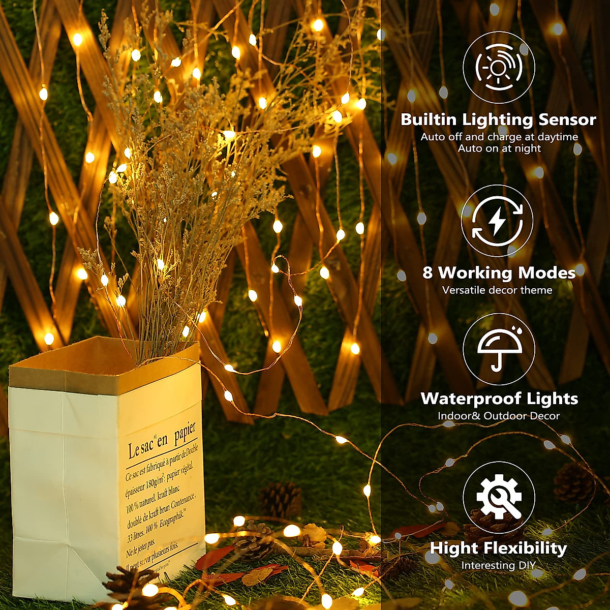 BrizLabs Solar Fairy Lights, 200 LED 66ft Super Bright Solar String Lights, Cool White & Warm White 2 Colors in One Solar Powered String Lights Waterproof, Outdoor Twinkle lights for Garden Yard Party