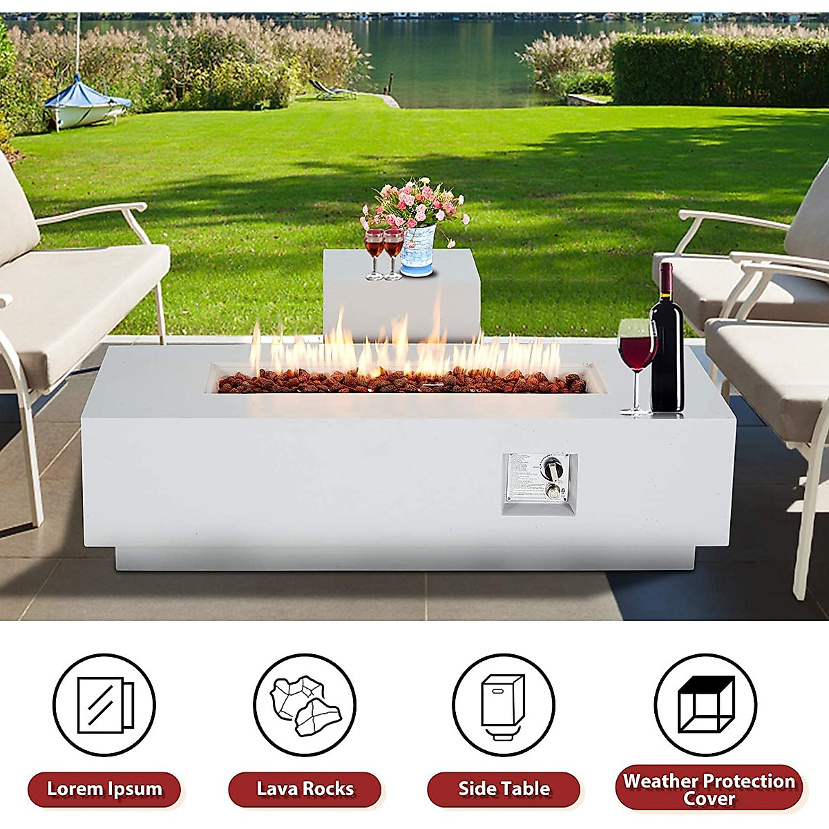 ECOTOUGE 2-Piece 56" Outdoor Rectangle Propane Fire Pit Table with Tank Holder, 50,000 BTU Concrete Fire Table with Weather-Resistant Pit Cover, Auto-Ignition, Free Lava Rocks, Fits 20lb Tank, White