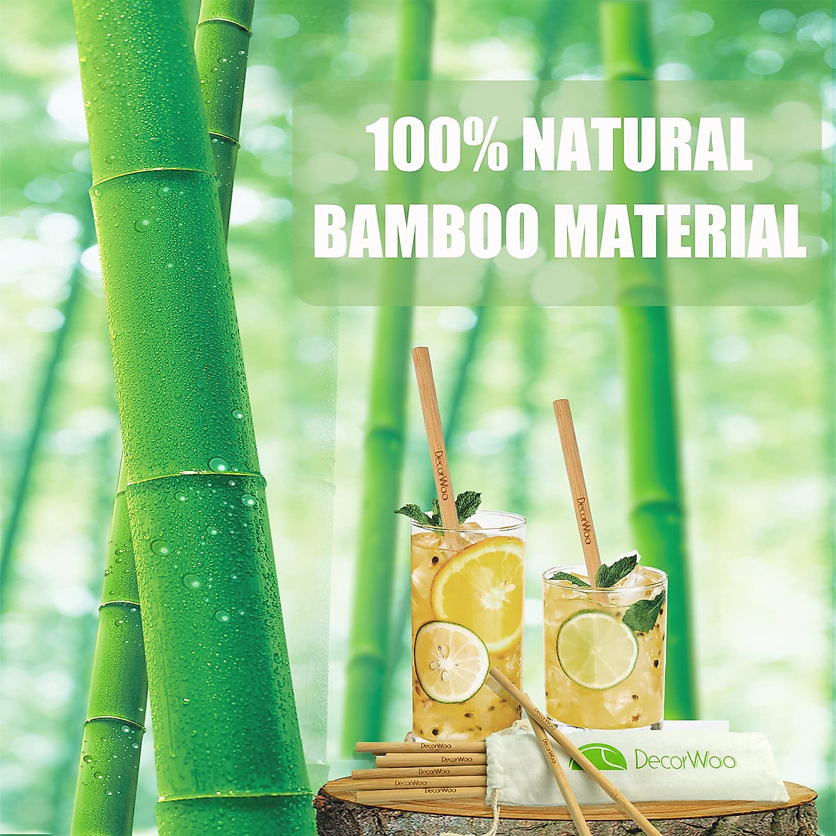 DecorWoo 20 Pack Reusable Straws, 7.8 Inch Bamboo Straws BPA Free, Biodegradable Wooden Straws Alternative to Plastic Straws, Include Cleaning Brush and Travel Pouch