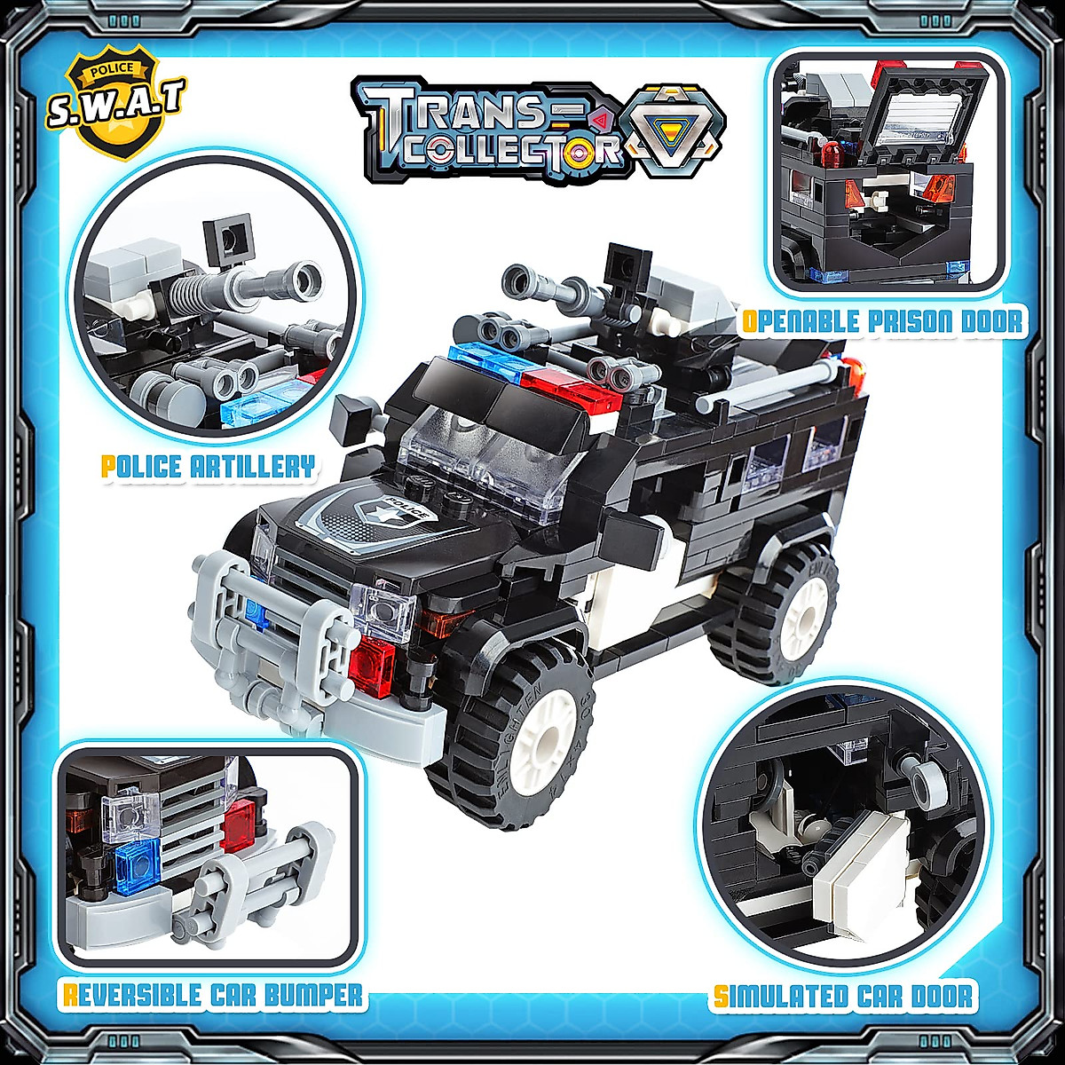 INRATELL City Police SWAT Building Block Set - 8 + 1 Black Armored SWAT Vehicles with Cop Cars, Helicopter, Motorbike, Best Roleplay STEM Toy Best Gift for Boys Kids Age 6-12