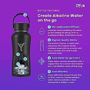 DYLN 16 oz Alkaline Water Bottle | Creates Premium Water up to 9+ pH | Keeps Cold for 24 Hours | Vacuum Insulated 316 Stainless Steel | Standard Mouth Cap | Black, 16 oz (480 mL)
