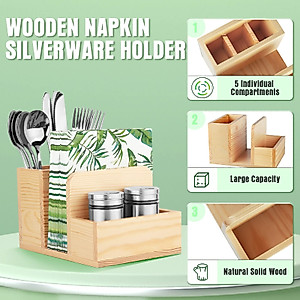 Silverware Holder,Wooden Silverware Caddy and Napkin Holder,Countertop Silverware Organizer with Salt and Pepper Shakers,Multi-Purpose Utensil Holder for Party,Farmhouse Kitchen Decor,Dinning,Banquet