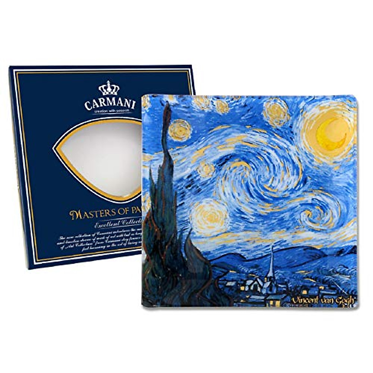 Victoria Bella Carmani 5"x5" Decorative Glass Plate, Square Cake Platter Illustrated with Van Gogh's The Starry Night Reproduction EA