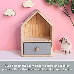 House Shaped Display Shelf with 1 Drawer - Wood Dresser Floating Shelf - Kids Bedroom Furniture - Desk Decor Book Shelf - Nursery Decor - Cute Storage Shelves for Bedroom - 1 Tier 7.9x1.8x11.4 in