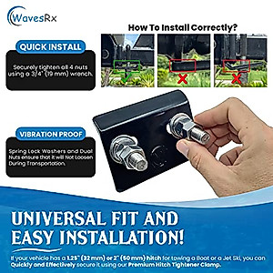 WavesRx Boat Trailer Hitch Tightener & Stabilizer | Stainless Steel Anti-Rattle Clamp for 2" Hitch Receivers | Marine Grade, Rust-Free, Long-Lasting U-Bolt for Safe Transportation of Your Watercraft
