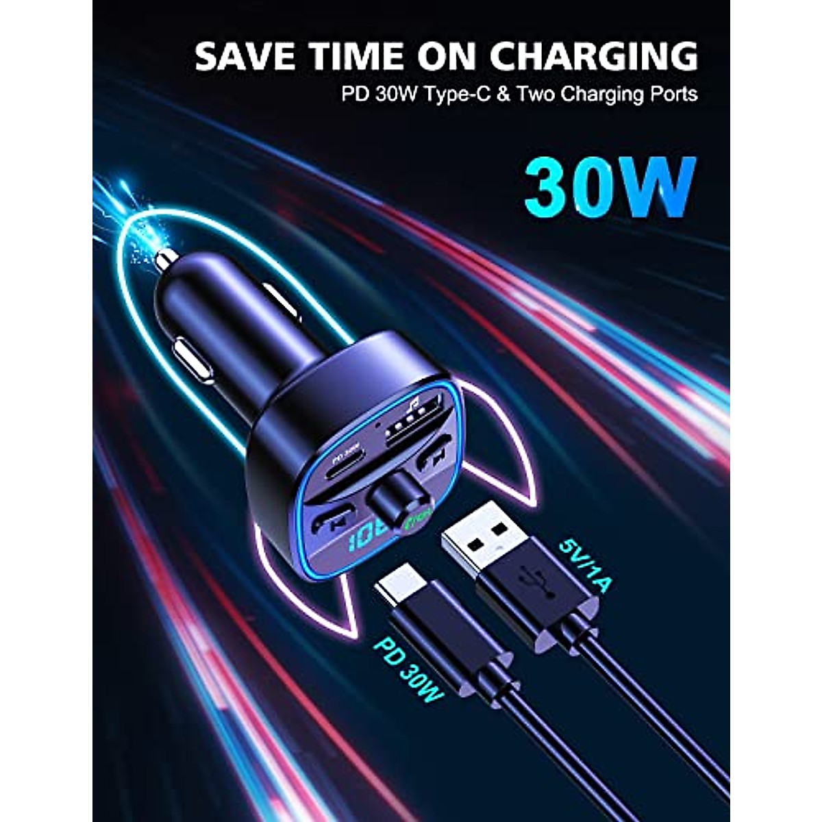 RIWUSI Bluetooth FM Transmitter for Car, [Upgraded Type-C] PD 30W Quick Charging Bluetooth Car Adapter with Hands-Free Calling, Wireless FM Radio Receiver Music Player/Car Kit Support SD Card & USB