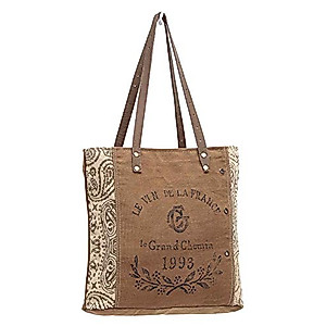 Myra Bags 1933 Upcycled Canvas Tote Bag S-0936, Tan, Khaki, Brown, One_Size