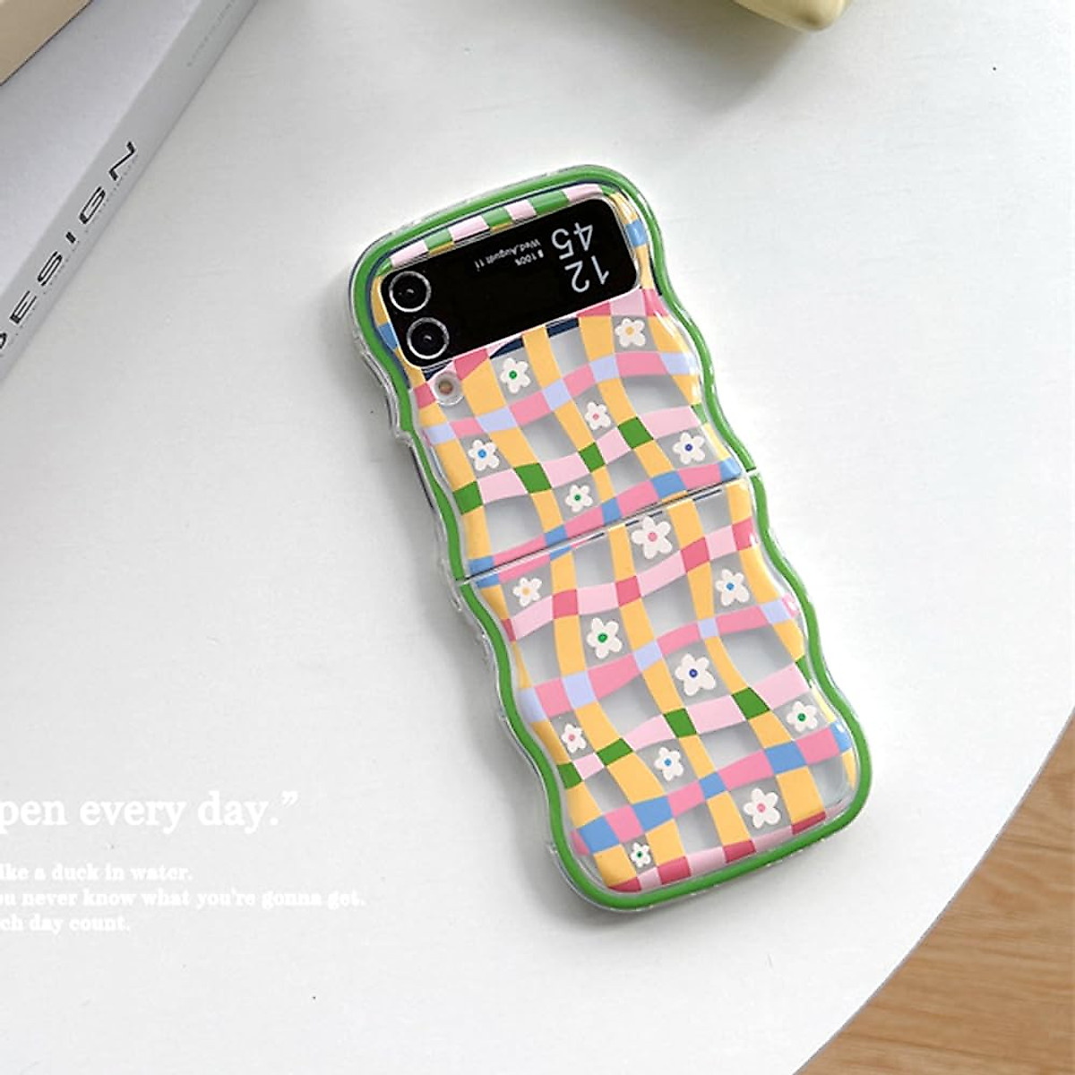 GO-VOLMON Curly Wave Frame Case for Samsung Galaxy Z Flip 5 Checker and Flower Print, Cute Woman Case for Galaxy Z Flip 5 Kawaii Beads Strap, Soft Floral Girly Case for Z Flip 5 Lovely and Fashion