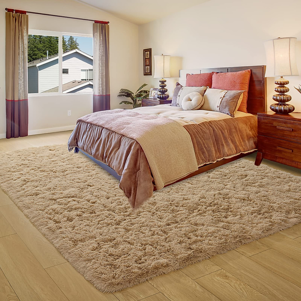 Ompaa Beige 8x10 Feet Large Area Rugs Fluffy Living Room Carpet, Wall to Wall Big Shag Light Tan Rug for Bedroom Kids Playroom Classroom Nursery Home Office Decor