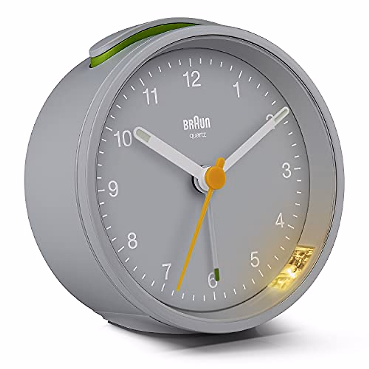 Braun Classic Analogue Alarm Clock with Snooze and Light, Quiet Quartz Movement, Crescendo Beep Alarm in Grey, Model BC12G.
