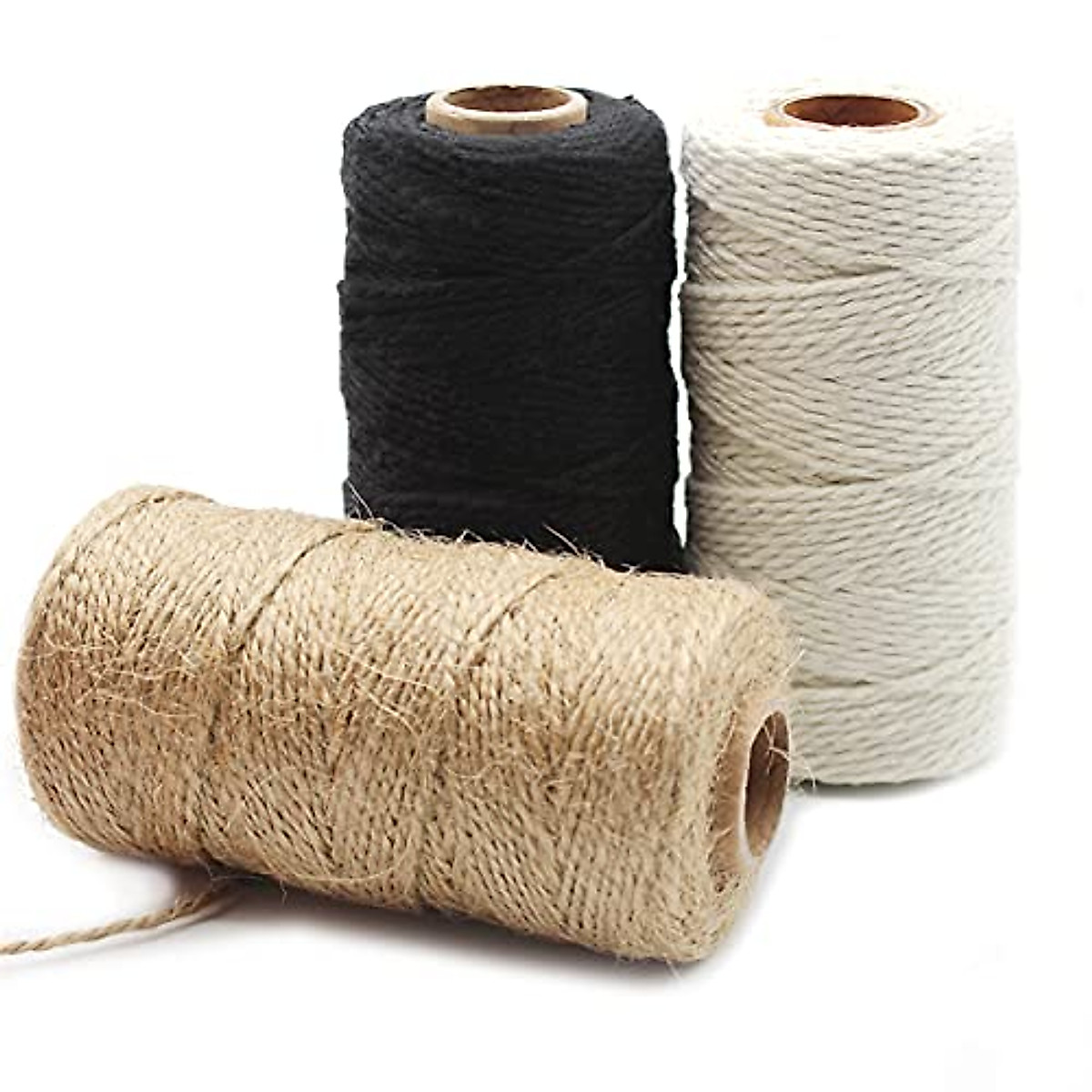 Anvin 984 Feet Cotton Twine Natural Jute Twine Packing Twines Bakers Twine Black Twine White Twine for Holiday Gift Wrapping Butchers Baking Arts and Crafts Gardening(Pack of 3, 10 Ply 2mm Thick)