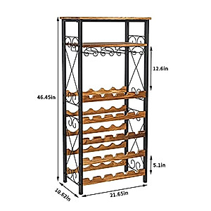 Floor Wine Rack 25 Bottles with Wine Glass Holder Rack, Freestanding Wine Rack with Table Top and Open Shelf, Wobble-Free Wine Bottle Organizer Shelf, Wine Display Storage Stand for Kitchen Pantry Bar